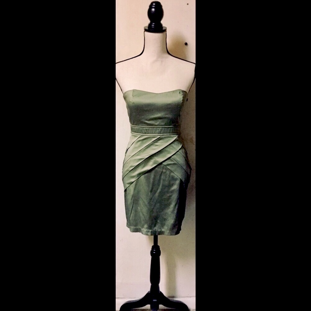 Sage Green Strapless Sheath Mini Dress: Satin, High W… - Gem